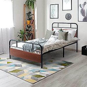 CAPHAUS Round Corner Metal Bed Frame with Modern Wood Headboard and Footboard, Mattress Foundation, Metal Platform Bed with Premium Steel Frame, Noise-Free, No Box Spring Needed, Twin Size, Walnut