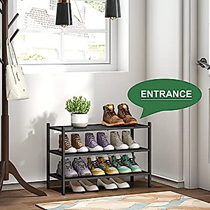 kiplant 3-Tier Black Bamboo Shoe Rack for Entryway, Stackable | Foldable | Natural, Shoe Organizer for Hallway Closet, Free Standing Shoe Racks for Indoor Outdoor