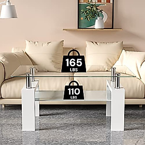 SunsGrove Coffee Table for Living Room, Modern Console Table with Storage, Clear Tempered Glass Tea Table, Rectangle Coffee Table, End Tables for Entrance, Apartment Furniture, Office, White