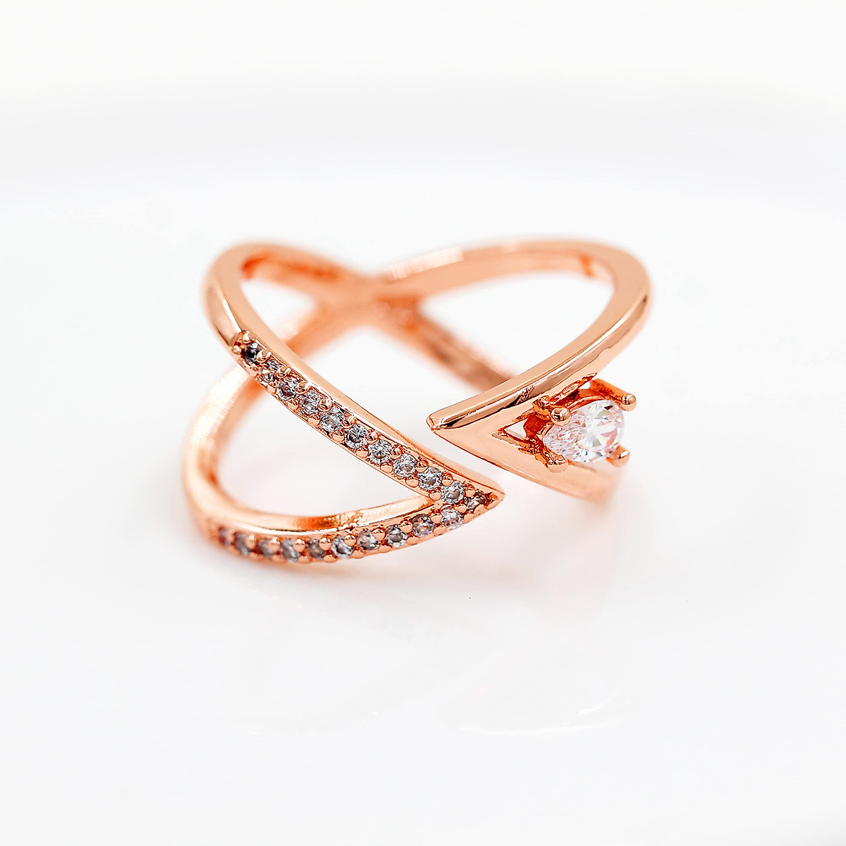 N/C Rose Gold Plated Pear CZ Crossover X Ring for Women, Adjustable Stacking Infinity Wedding Band with Birthstone (white)