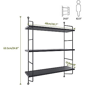 BATHWA 3 Tier Floating Shelves Metal Brackets Wall Mounted Shelves for Living Room Bedroom Office Kitchen Decor Hanging Shelf, Black