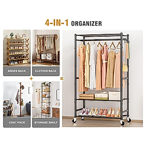 Neatrays Rolling Clothes Rack for Hanging Clothes,Heavy Duty Garment Rack with 3 Tier Wire Shelves,Freestanding Portable Clothing Rack Wardrobe Rack, Black