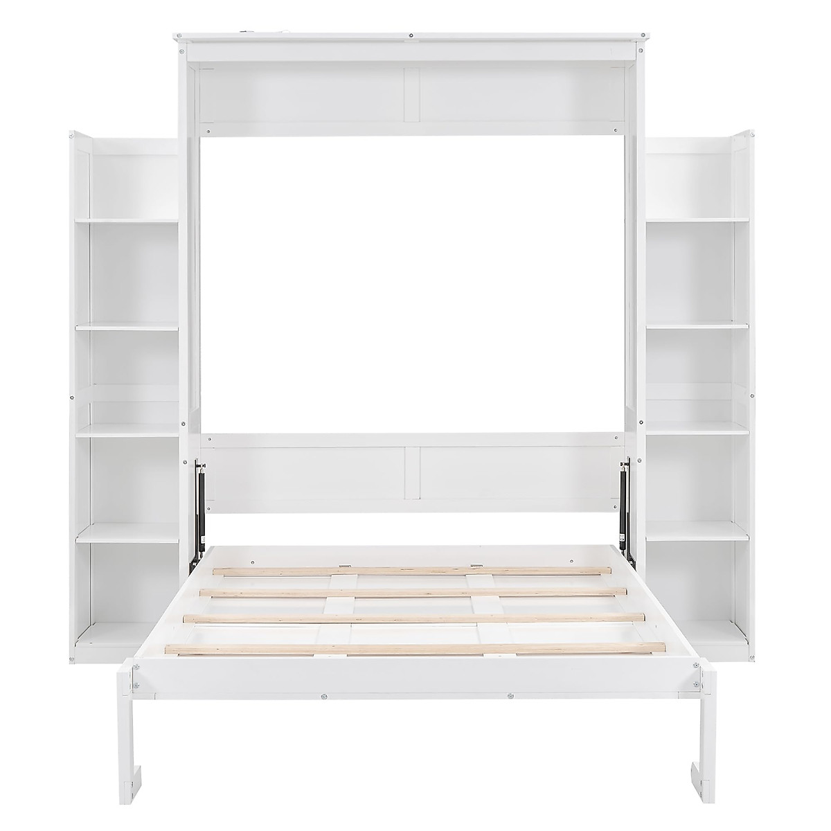 BIADNBZ Full Size Murphy Bed with Storage Shelves and LED Lights,Solid Wood Wall Bedframe for Guestroom, Home Office,White