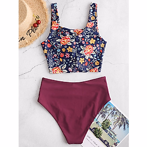 ZAFUL Women's Scoop Neck Tropical Leaf Knotted Two Pieces Tankini Set Swimsuit (4-Plum Pie, L)