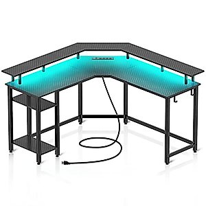 Rolanstar L Shaped Gaming Desk with LED Lights & Power Outlets, 56" Computer Desk with Full Monitor Stand & Storage Shelf, Corner Desk with Hooks, Carbon Fiber Desk Reversible