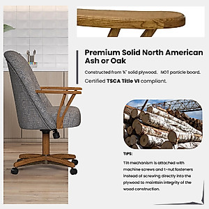 Chromcraft Set of 4 Caster Swivel Tilt Dining Chairs, Luxe Casual Wooden Arm All-Metal Pedestal Base Chairs with Rolling Wheels for Kitchen(Fonzo Marble-Chestnut Oak)