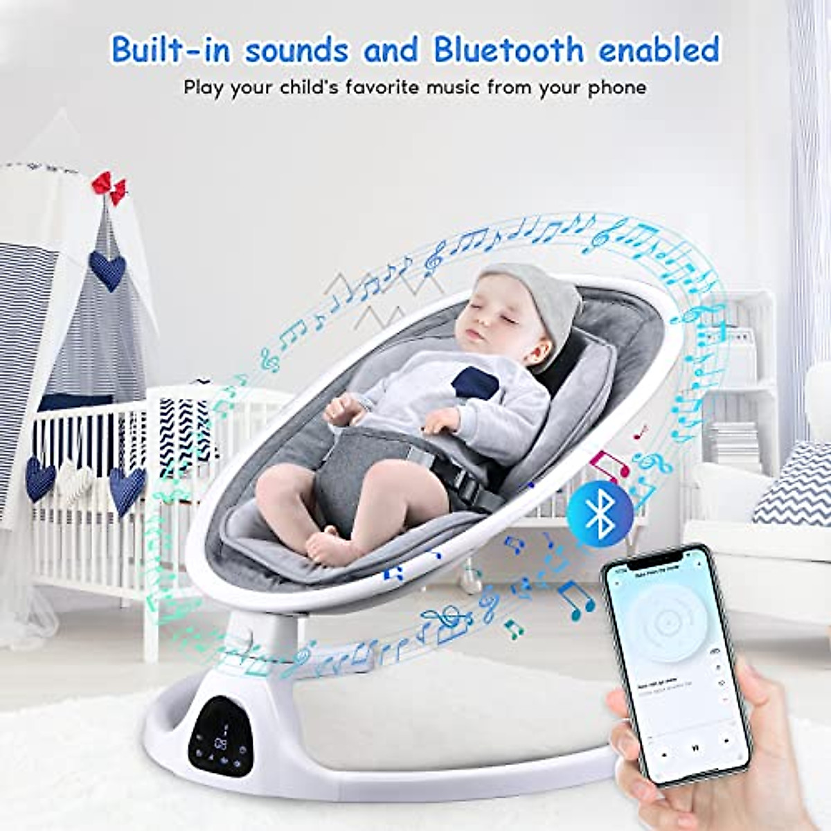 Baby Swings for Infants, Bluetooth Baby Bouncer with Built-in Lullabies and Timer Function, 5 Swing Options Baby Chair for Newborn Infants to Toddler 0-9 Months, 5-20 lbs