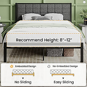 SHA CERLIN Queen Size Bed Frame with Upholstered Headboard, Metal Platform Bed Frame with 17 Steel Slats Support, Mattress Foundation, No Box Spring Needed, Noise Free, Easy Assembly, Dark Grey