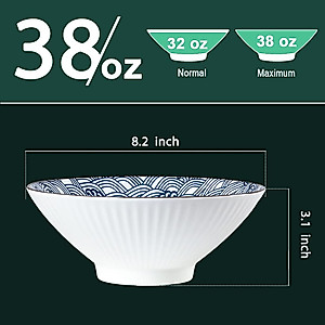 QINLANG 38 oz Japanese Ramen Bowls, Cereal Bowls, Soup Bowls, Pho Bowls, Noodle Bowls, 8 in Blue and White Ceramic Bowls Set of 4, Wave Pattern