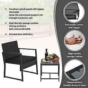 FDW 3 Piece Patio Furniture Sets Wicker Patio Chairs Rattan Outdoor Bistro Set Outdoor Furniture for Backyard Porch Poolside Lawn,Black Cushion