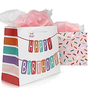 Beautiful Birthday Gift Bags Set of 2 - Large 16" Bags with Handles incl. Matching Tissue Paper, Cards & Stickers - Reusable and Perfect For Presents of Any Girls/Boys Kids Party & Special Occasion