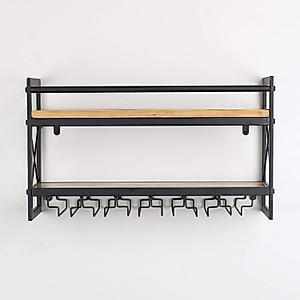 OISSIO Industrial Stemware Rack Wall Mounted,Wine Rack with Wood Shelves,2 Tier Stemware Storage with 6 Stem Glass Holder for Wine Glasses,Mugs,Home Decor,Black(24 inch)