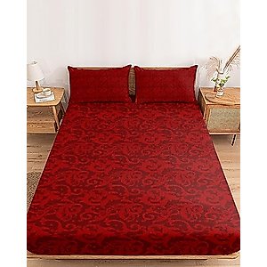Full Size Fitted Sheet Bed Set Merry Christmas Leaves on Red Deep Pocket Soft Bottom Sheets&Pillowcases for Bedroom Decor Abstract Foliage Texture,Fits Mattress Up to 16" Deep