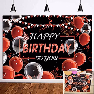 VOUORON Happy Birthday Photography Backdrop Red and Black Balloon Confetti Birthday Decor Photo Background for Kids Men Women Anniversary Birthday Party Banner Supplies 7x5FT