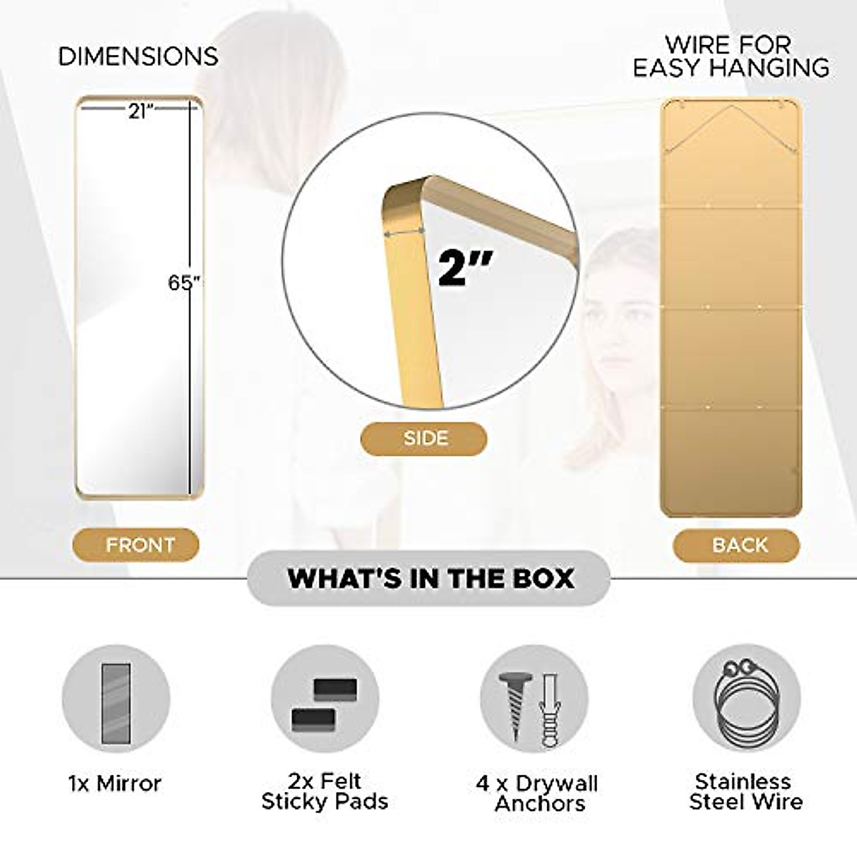 UPLAND OAKS Large Full Length Body Mirror for Floor & Wall in Bedroom - Metal Frame - Big & Tall Long Mirror for Leaning - Full Length Wall Mirror Size 65" x 21" (Gold, Recessed)