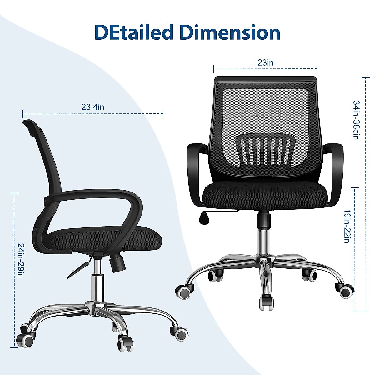 Black Office Desk Chairs with Lumbar Support, armrests Black Mesh Ergonomic Computer Chair can Lift and 360°Swivel, Made of Silver Aluminum Legs