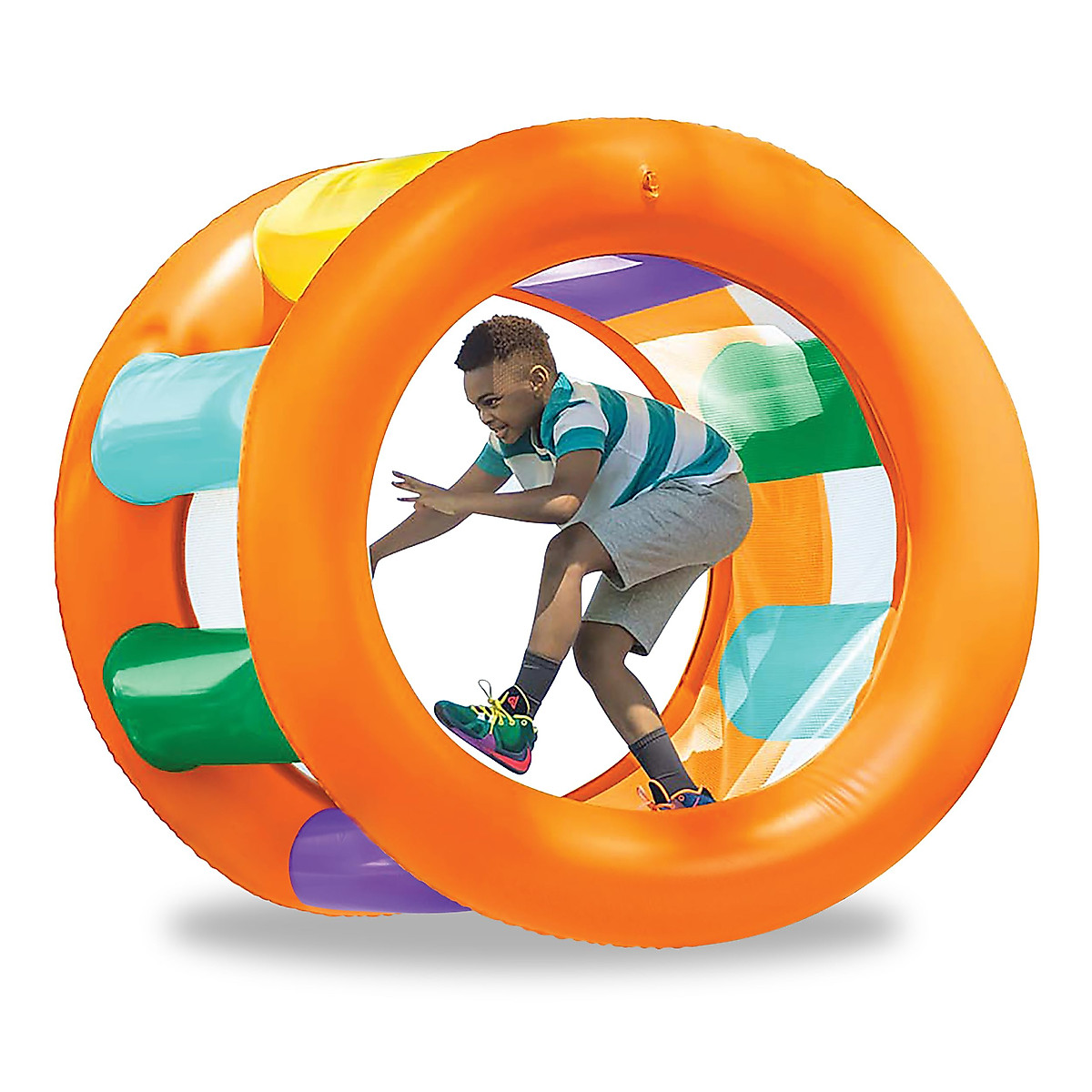 HearthSong Roll with It! 2.0 Giant Inflatable Rainbow Land Roller with Mesh Interior for Active Outdoor Play, 67" Outer Diam. x 45" Inner Diam., Holds up to 300 lbs.