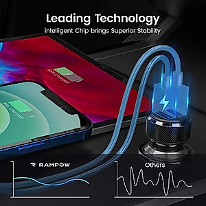 RAMPOW Car Charger 24W/12V 4.8A Dual Cigarette Lighter USB Adapter with Blue LED for iPhone 14/13/12/11/X/8/7/6/5/SE, iPad Pro/Air 2/Mini,Samsung Galaxy S9/S8/S7, Motorola, LG, HTC,Tablet & More-Black