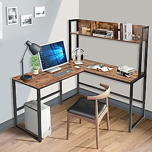 Tangkula Reversible L-Shaped Desk with Hutch, Space Saving Corner Computer Desk with Storage Shelves, Home Office Study Writing Desk Computer Workstation with Storage Bookshelf, Gaming Desk