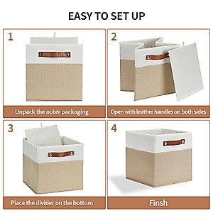 13"x13" Cube Storage Bins, ENLOY 4 Pack Collapsible Storage Cube Bins for Shelves, Large Capacity Storage Boxes for Organizing Closet Shelf with Leather Handle(White&Beige)