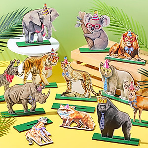 Blosssound 12 Pcs Jungle Safari Table Decoration Wooden Wild One Table Signs Jungle Animal Centerpiece Safari Party Block Sign for Kids Safari Theme Party Baby Shower Birthday Party Supplies Decor