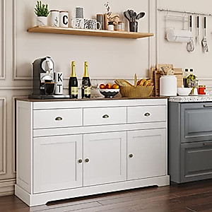 Anjiaqianmo White Buffet Cabinet Storage Kitchen Cabinet Sideboard Farmhouse Buffet Server Bar Wine Cabinet with 3 Drawers & 3 Doors Adjustable Shelves Console Table for Dining Living Room Cupboard