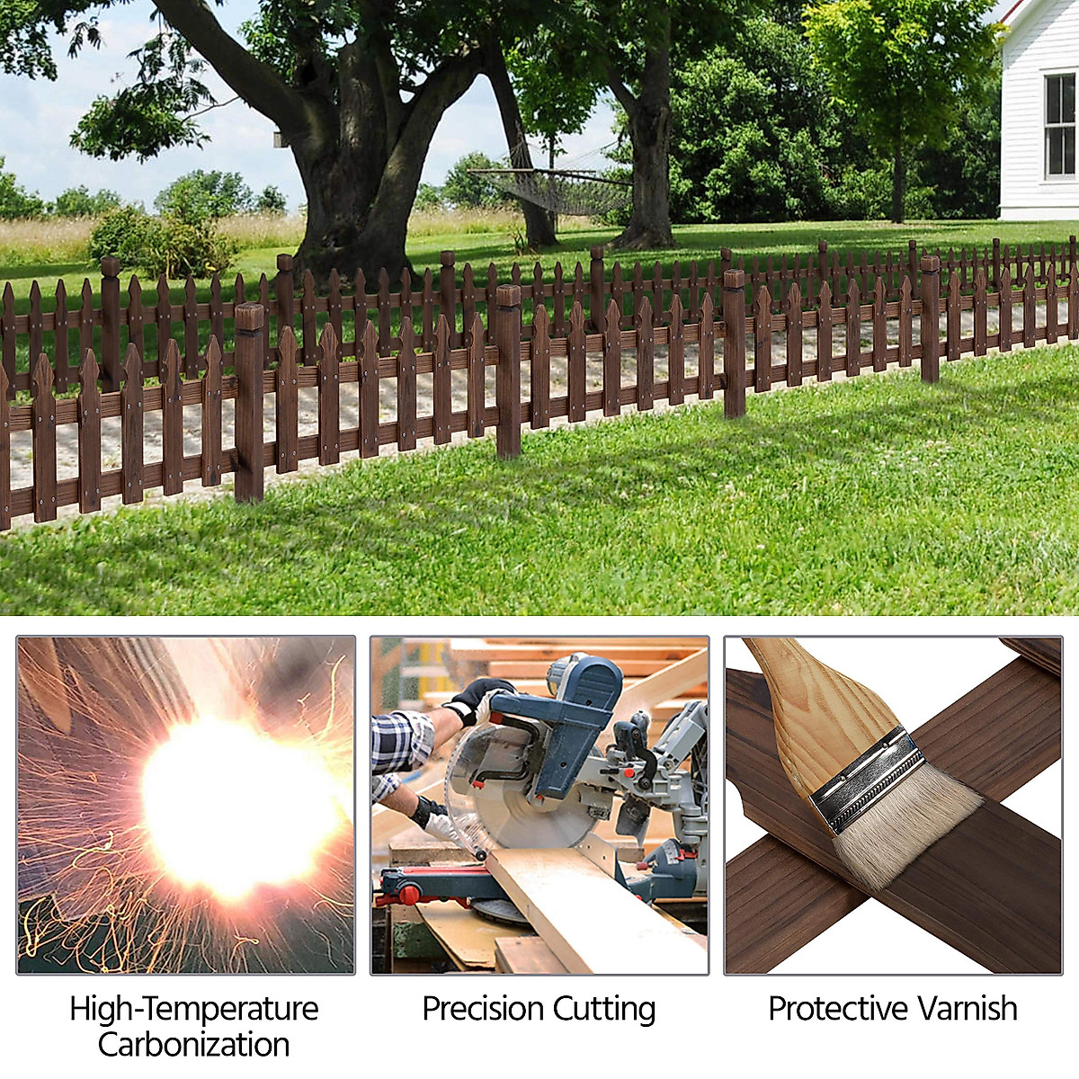 Topeakmart Wood Picket Garden Fence Edging Fencing Garden Yard Border Edging Panels Posts Flower Plants Pool Fences 177.5 x 21.7’’ (LxW)