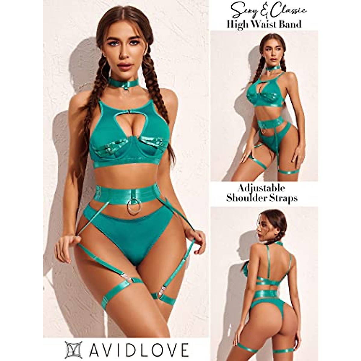 Avidlove Garter Lingerie Set for Women Sexy Push Up Lingerie Set 5 Piece Bondaged Lingerie Set Strappy Lingerie Set Blue Green