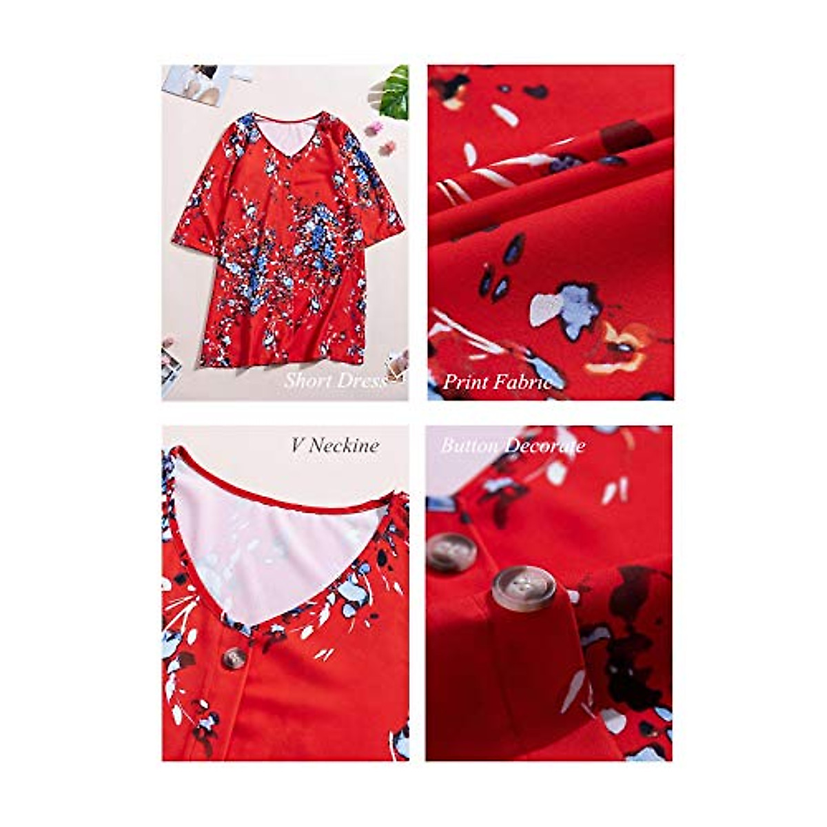 AlvaQ Women Boho Floral Print Dress Summer V Neck Short Sleeve Button Down Loose Skater Mini Dresses Swing Sundress Plus Size Orange 1X