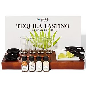 Thoughtfully Cocktails, Tequila Tasting Gift Set, Includes Wooden Flight Board, Knife, 4 Shot Glasses, 4 Flavored Salts & More (Contains NO Alcohol)