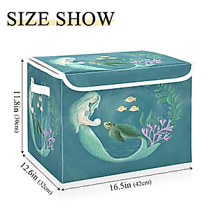 DIGTIA Summer Mermaid Turtle Storage Bins with Lids Large Pearl Sea Ocean Green Storage Basket with Handles Foldable Fabric Storage Box Organizer for Clothes Toys Closet Cabinet Home Office Bedroom