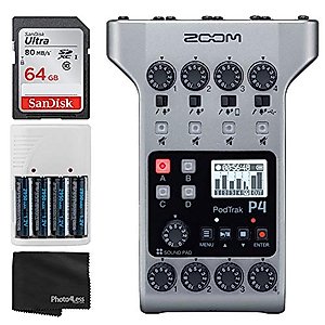 Zoom PodTrak P4 Portable Multitrack Podcast Recorder + 64GB Ultra SDXC Memory Card + 4X AA Batteries & Charger + Cleaning Cloth – Ultimate Podcasting Bundle