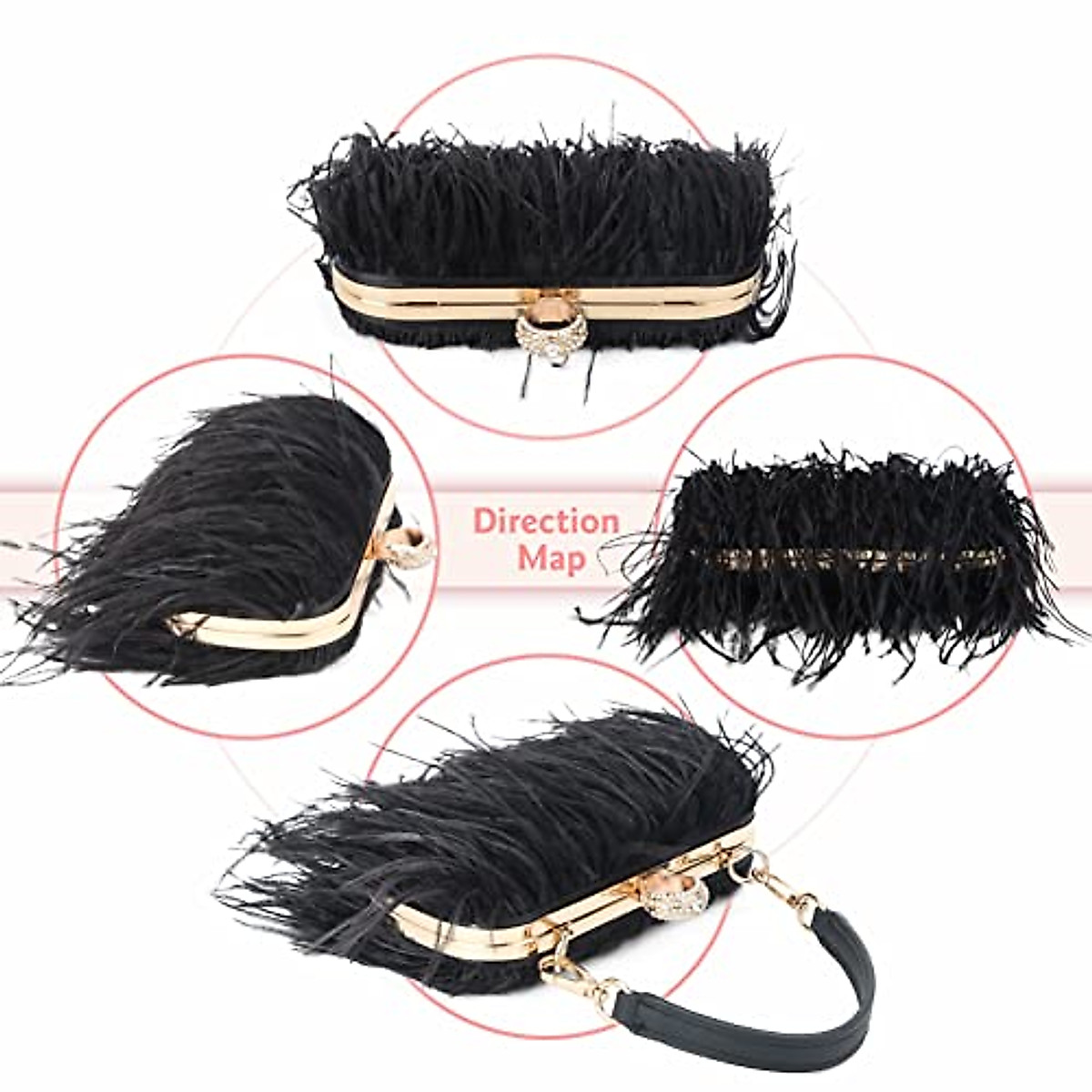 LUPBOK Clutch Purse for Women Feather Clutch Evening Bags Shoulder Crossbody Bag Wedding Party Handbag,Black