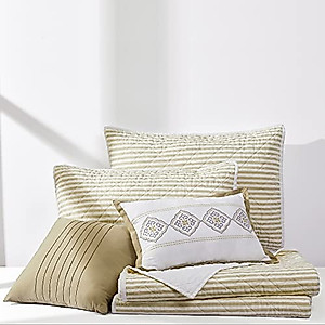 SHALALA King Size Quilt Sets,Kahki and White Striped Quilt Bedding Set,Soft Microfiber Bedspread and Coverlet with 2 Decorative Pillowsfor All Season (King,5pcs,106inches x 96inches)