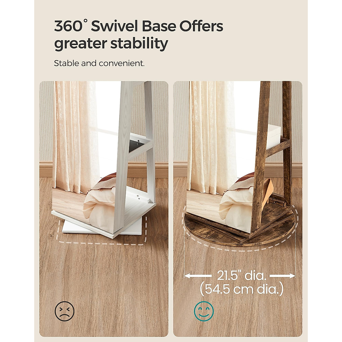 SONGMICS 6 LEDs Lockable Mirror Jewelry Cabinet, 360°Swivel Jewelry Organizer, Standing Jewelry Armoire, Frameless Full-Length Mirror, 3 Storage Shelves, Rustic Brown Surface, Black Lining UJJC007X01