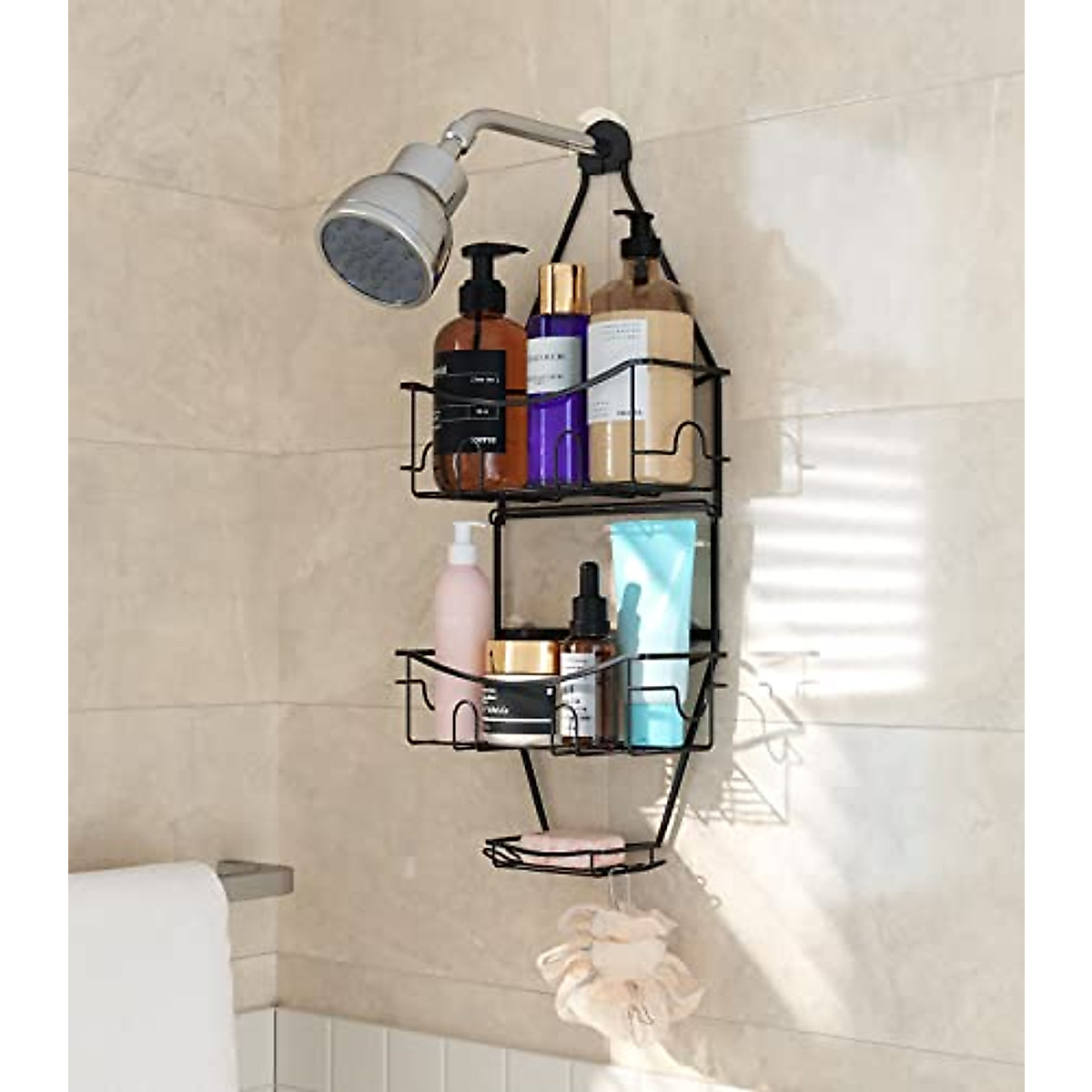 TARNABY Hanging Shower Caddy, Over Shower Head Rustproof Shower Organizer with Hooks for Razor and Bath Ball Brush (Black)