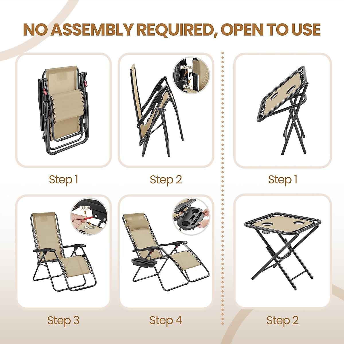 Yaheetech 3PCS Zero Gravity Recliner Portable Outdoor Reclining Chair Set w/Side Table Folding Chaise Lounge Chairs for Patio Beach Deck Garden Pool Beige