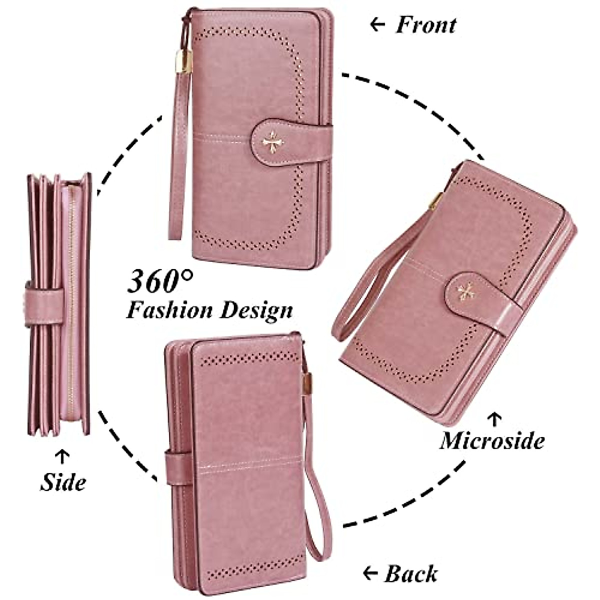 Long Wallets for Women PU Leather Credit Card Holder with Zipper Compartment Large Capacity Trifold Clutch Wristlet Multi Card Case Wallet (3-Pink)