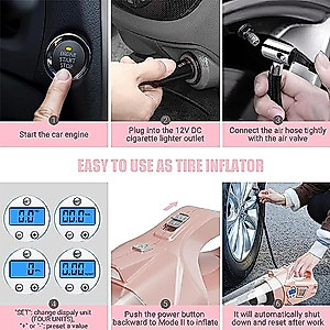 VARSK 4-in-1 Car Vacuum Cleaner High Power, Tire Inflator Portable Car Vacuum with Digital Tire Pressure Gauge LCD Display and Light, 12V DC, 15FT Cord, Pink Car Accessories for Women, Gifts for Her