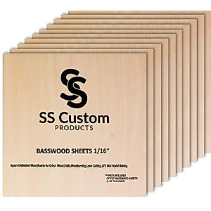 Basswood Sheets for Crafts - 10 Pack - 12 x 12 x 1/16 Inch - 1.5mm Thick Plywood Sheets with Smooth Surfaces - Bass Wood for Laser Cutting, Wood Burning, Architectural Models, Staining, Drawing
