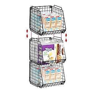 X-cosrack Stackable Pantry Baskets Household Food Storage Organizer with Handles 3 Pack, Foldable Snack Rack Stand with Open Front Stacking Farmhouse Bins for Countertop Cabinets Kitchen