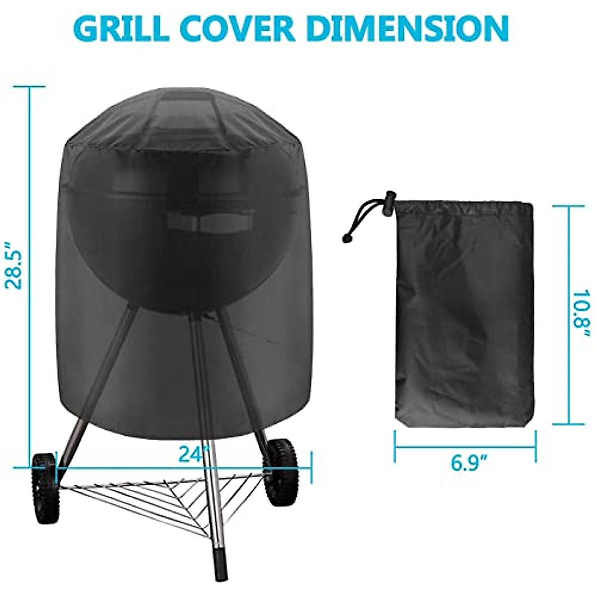 Kettle BBQ Grill Cover, Linkstyle Round Barbecue Grill Covers for Weber Charcoal Kettle, Heavy Duty Waterproof Smoker Cover Dome Gas Outdoor Grill Cover for Char-Broil, 24" D x 28.5" H, Black