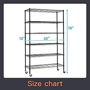 Commercial Wire Shelving Unit Metal Shelf Casters Adjustable Layer Rack Strong Steel for Restaurant Garage Pantry Kitchen Garage (48×18×72, Black)