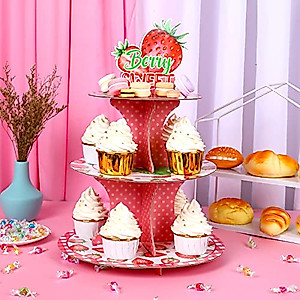 Strawberry Cupcake Stand - Berry Sweet Birthday Party Decorations, 3 Tier Round Strawberry Themed Dessert Tower Stand, Cupcake Holder Stand for Sweet One Birthday Party Decorations