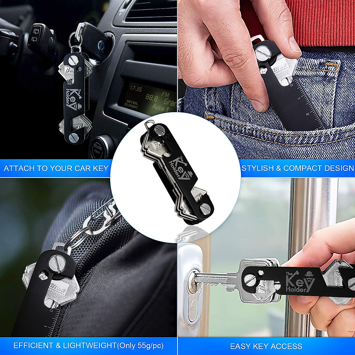 2PCS Key Organizer Keychain, Compact Key Holder Keyring, Smart & Light-weight Multi-tool Folding Key Chain with Bottle Opener/Phone Stand (Up to 6~10 Keys, Black & Silver)