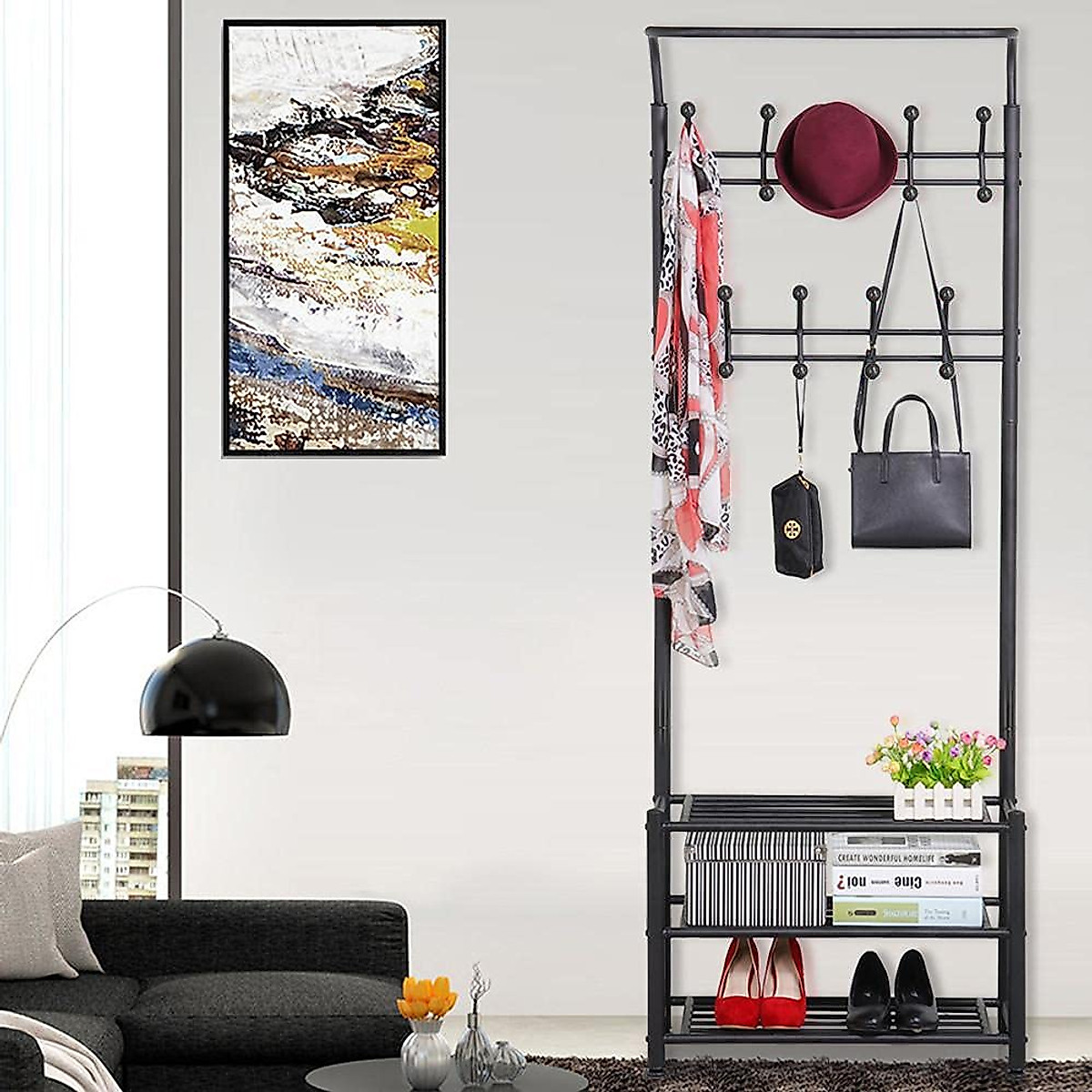 Yaheetech Coat Rack, 3 in 1 Hall Tree with Shoe Storage Bench,Coat Shoe Rack Freestanding with 18 Hooks & a Hanging Rod for Entryway Living Room Bedroom,Metal Frame, Black