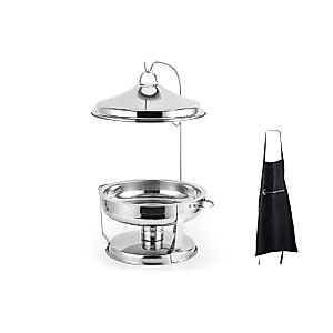 6 Qt Round Chafing Dish With Hanger Stainless Steel Chafer Set And Apron, Buffet Food Warmer Durable, Shiny Silver, Keeps Food Warm In All Catered Events