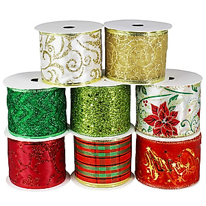 8 Rolls 48 Yards Assorted Christmas Tree Ribbon Plaid Bow Wired Ribbon Craft Gift Wrapping Ribbon Holiday Poinsettia Floral Mesh Sheer Glitter Tulle Organza Ribbon 2.5" Wide for Xmas Wreath Garland