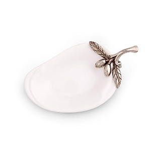 Vagabond House Porcelain Olive/Jam/Oil/Vinegar Server and Spoon Rest with Solid Pewter "Olive Branch" Accent 4.5 inch Long x 2.5 inch Wide