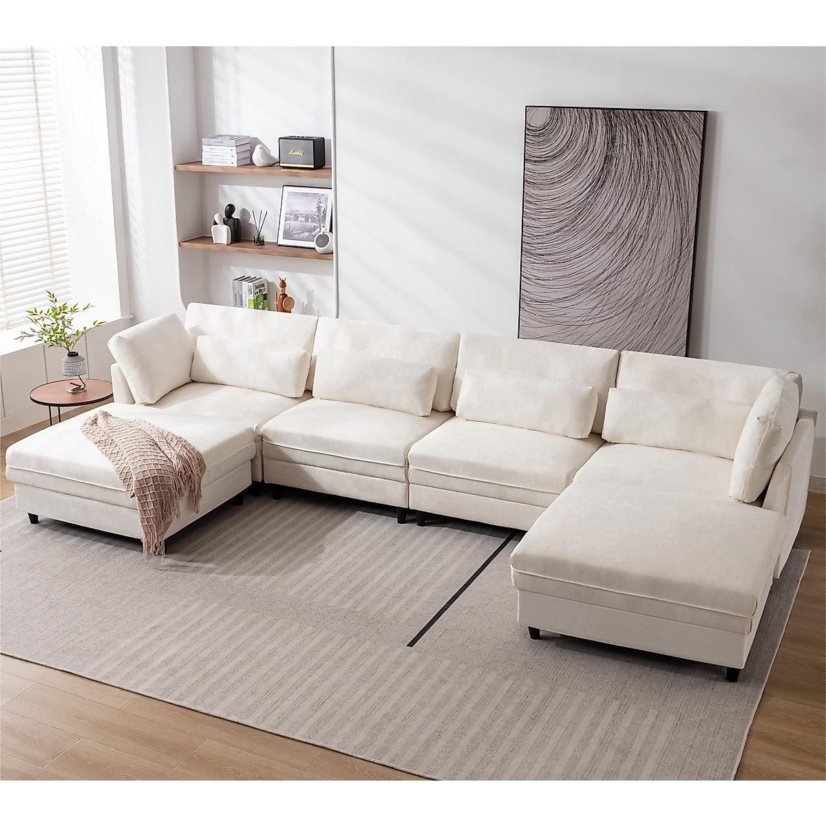 145'' Oversized Modular Sectional Sofa - Modern Extra Large U Shaped Couch with Ottamans, Large 6 Seater Modular Sofa with Reversible Chaise for Living Room, Office, Spacious Space (Beige)